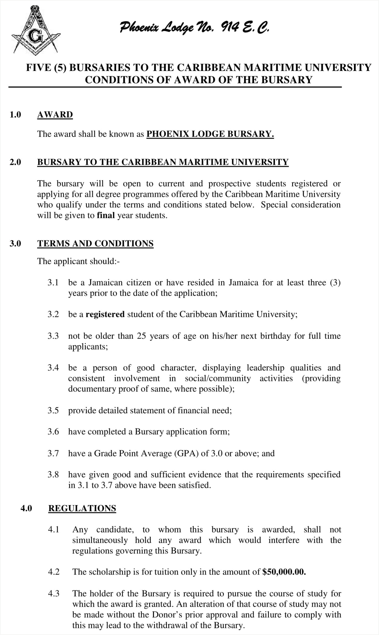 Phoenix Lodge Bursary : Caribbean Maritime University